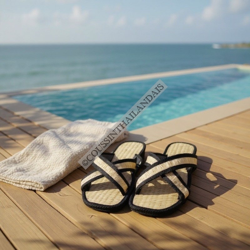Flip-flop rice straw with crossed straps | Black border